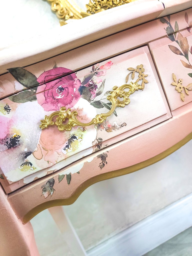 SOLD Blush Coral and Cream Vanity Table - Eclat Designs by Crystin